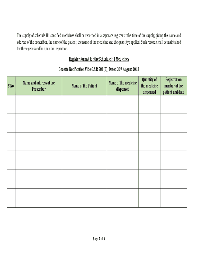 Schedule H1 Drug Register Format - Fill Online, Printable, Fillable ...