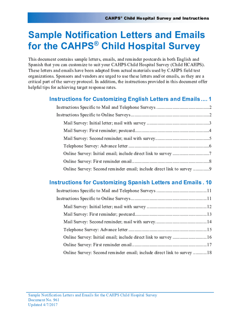 Fillable Online Sample Notification Letters CAHPS Child Hospital Survey ...