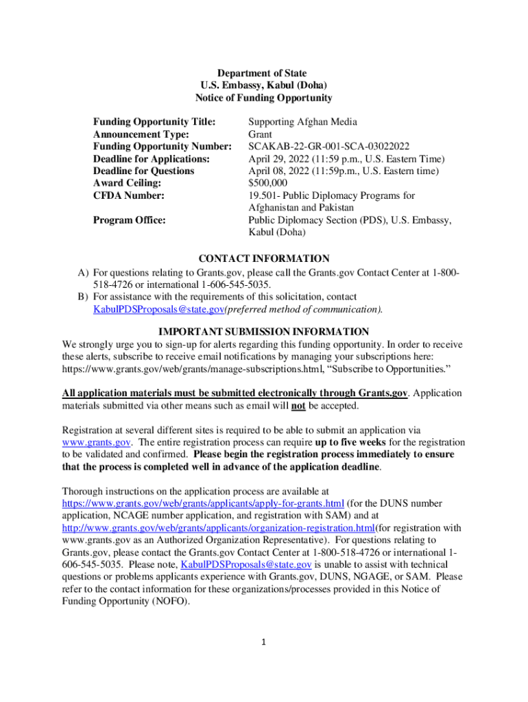 Fillable Online apply07 grants Department of State U.S. Embassy, Kabul (Doha) Notice of Funding ...