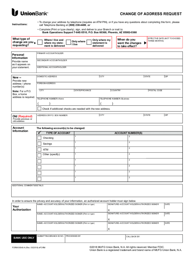 Fillable Online CHANGE OF ADDRESS REQUEST - MUFG Union Bank Fax Email ...