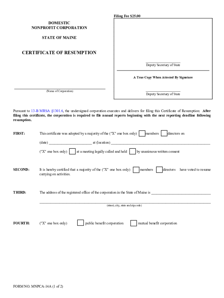 Fillable Online CERTIFICATE OF RESUMPTION Fax Email Print - pdfFiller