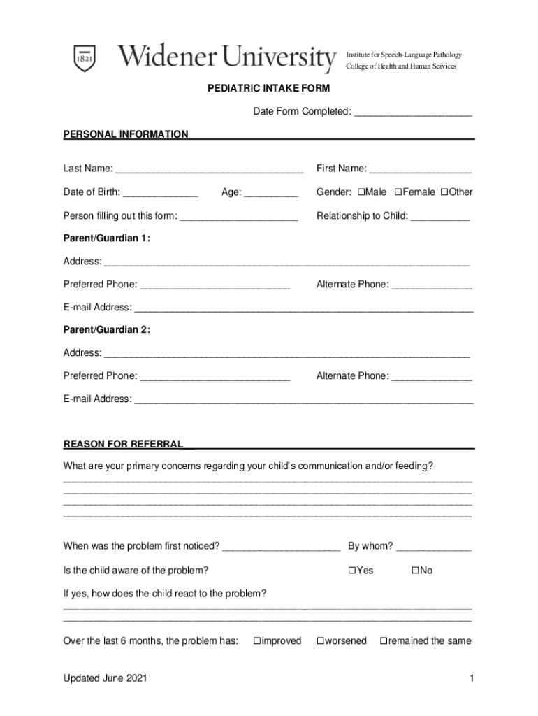 Fillable Online PEDIATRIC INTAKE FORM PERSONAL INFORMATION Fax Email ...