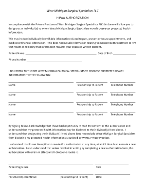 Fillable Online West Michigan Surgical Specialists PLC HIPAA AUTHORIZATION Fax Email Print ...