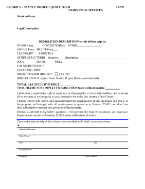 Fillable Online exhibit e sample project quote form for bid 22-935 Fax ...