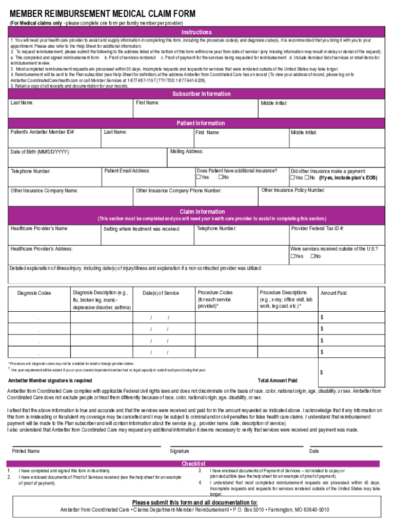Fillable Online WA - Member Reimbursement Medical Claim Form. Member ...