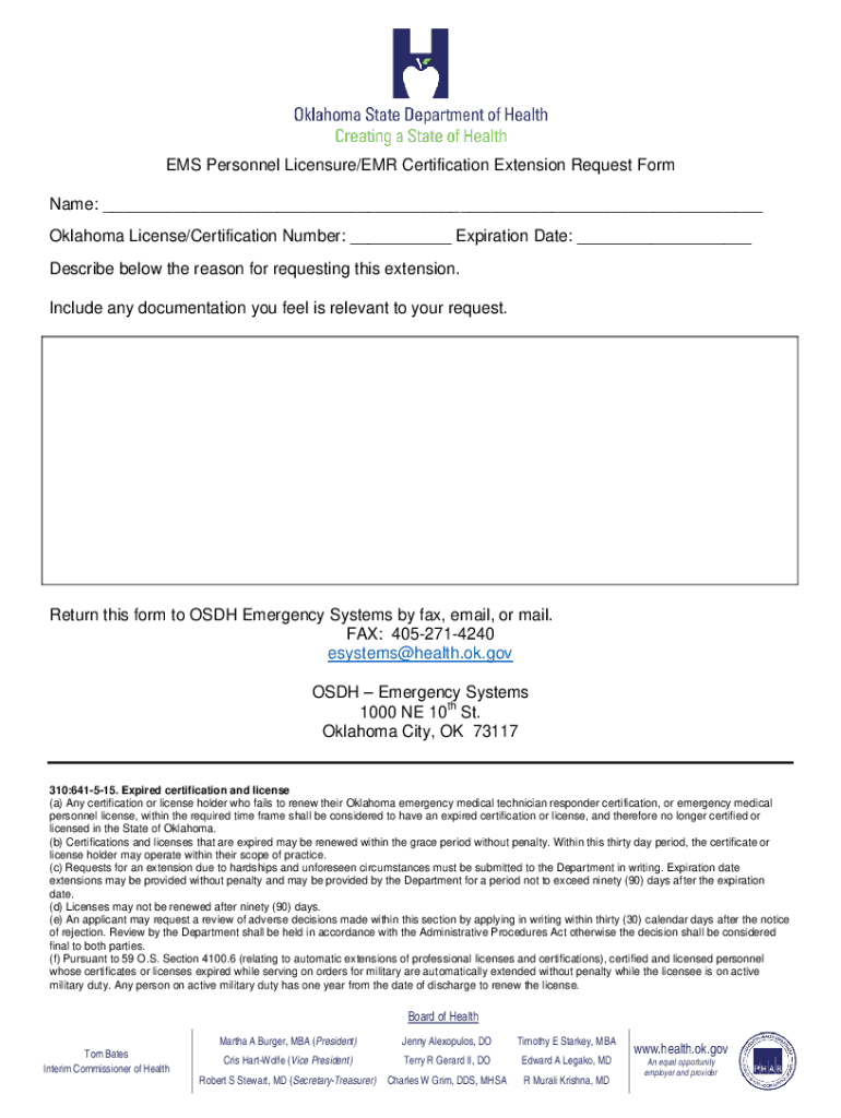Fillable Online EMS Personnel Licensure/EMR Certification Extension ...