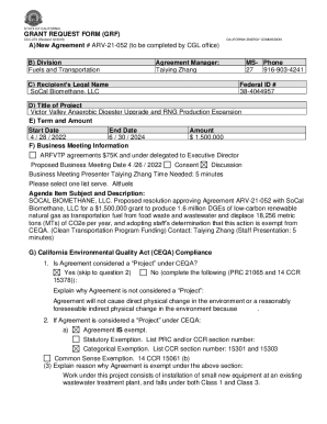 Fillable Online GRANT REQUEST FORM (GRF) A) New Agreement # ARV-21-052 ...