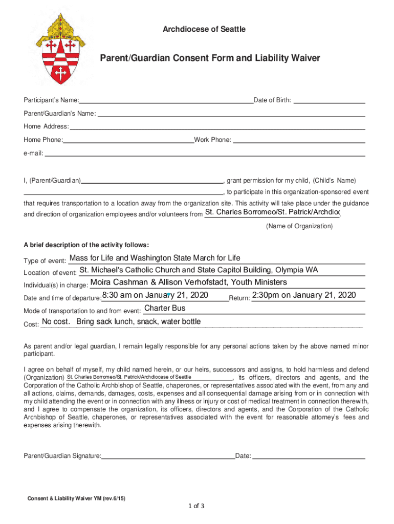 Fillable Online archseattle.orgwp-contentuploadsParent/Guardian Consent Form and Liability ...
