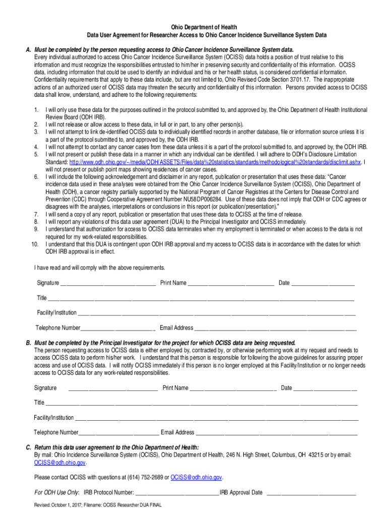 Fillable Online odh ohio Ohio Department of Health Data User Agreement ...