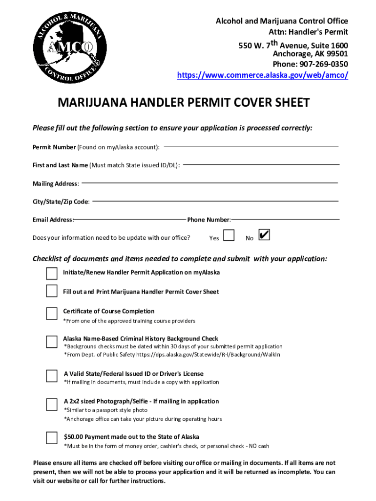 Alaska Marijuana Handler Permit Cover Sheet - Blank Fillable Template ...