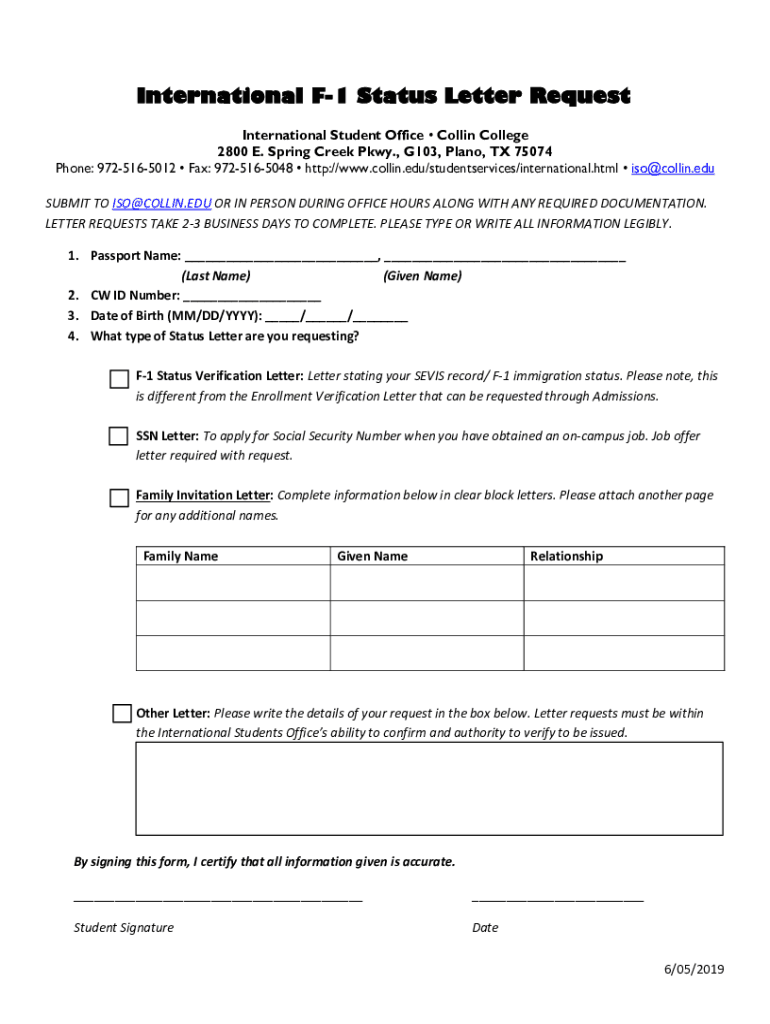Fillable Online International F-1 Status Letter Request - Collin ...