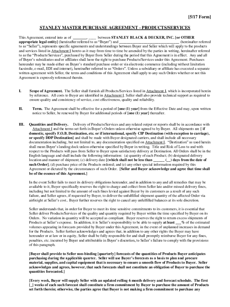 Fillable Online STANLEY MASTER PURCHASE AGREEMENT - PRODUCTS/SERVICES ...