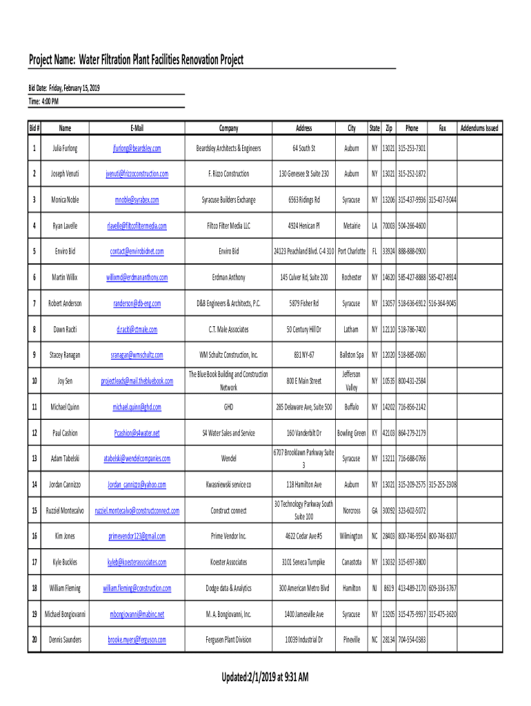 Fillable Online Project Name: Water Filtration Plant Facilities Renovation Project Fax Email ...