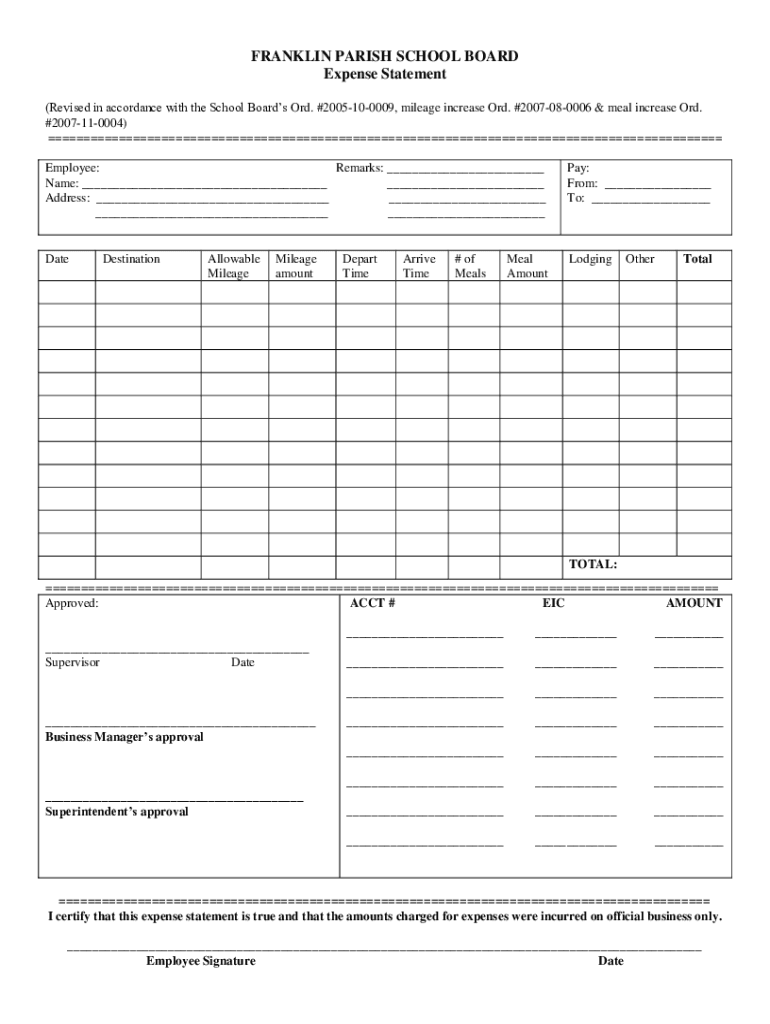 Fillable Online FRANKLIN PARISH SCHOOL BOARD Expense Statement Fax Email Print - pdfFiller
