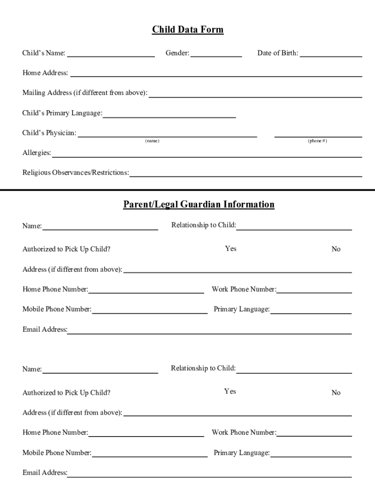 Fillable Online Child Data Form - HomeJust Kids Early Childhood ...
