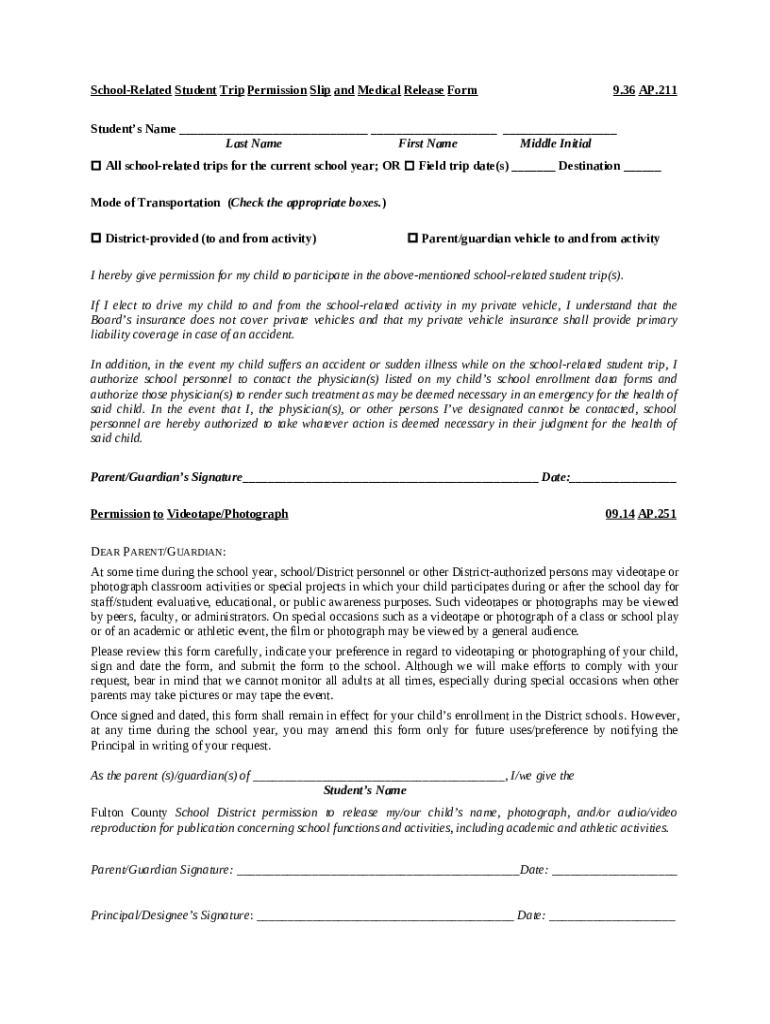 School-Related Student Trip Permission Slip and Medical Release 9 Doc ...