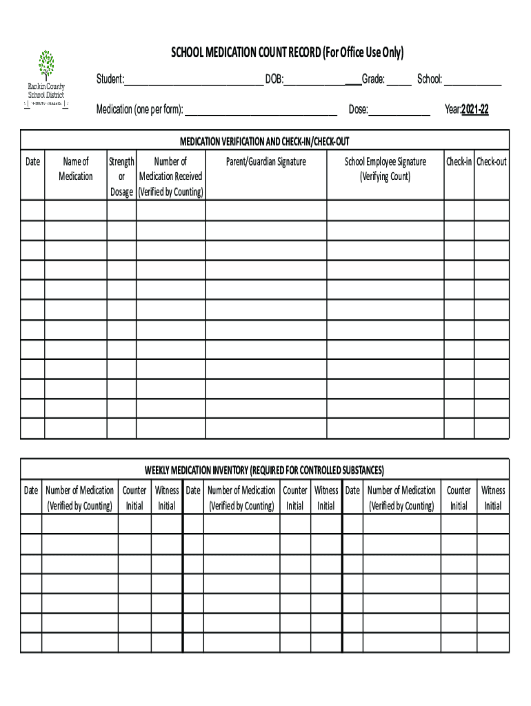 Fillable Online Mock Up School Medication Count Sheet Fax Email Print ...