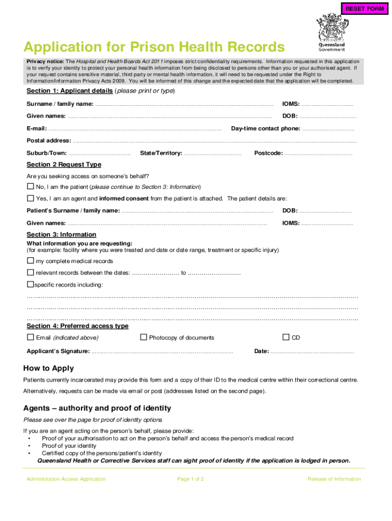 Fillable Online Application for Prison Health RecordsQueensland Health ...