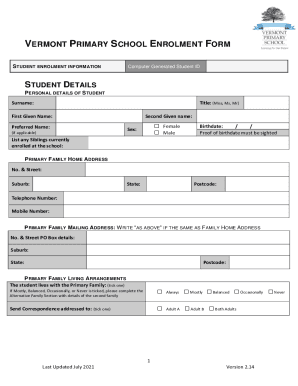 Fillable Online Student Enrolment Form - Vermont Primary School Fax ...