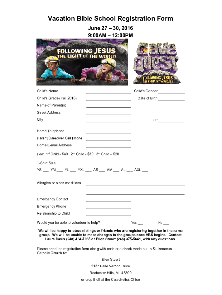 Fillable Online Vacation Bible School Registration Form - St. Irenaeus ...