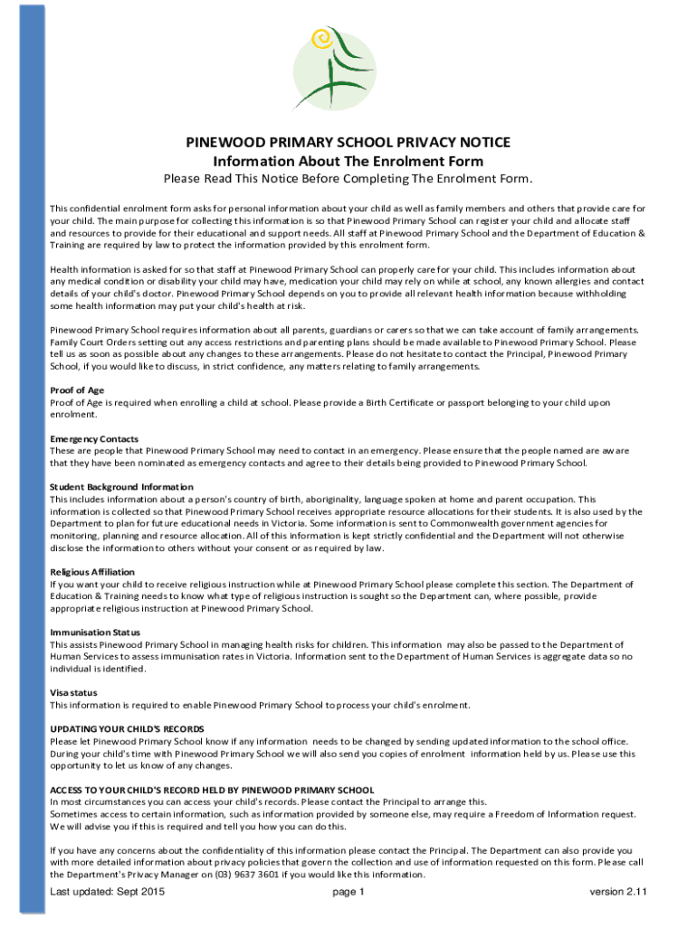 Fillable Online www.pinewood-ps.vic.edu.au02EnrolmentForm2021Student ...
