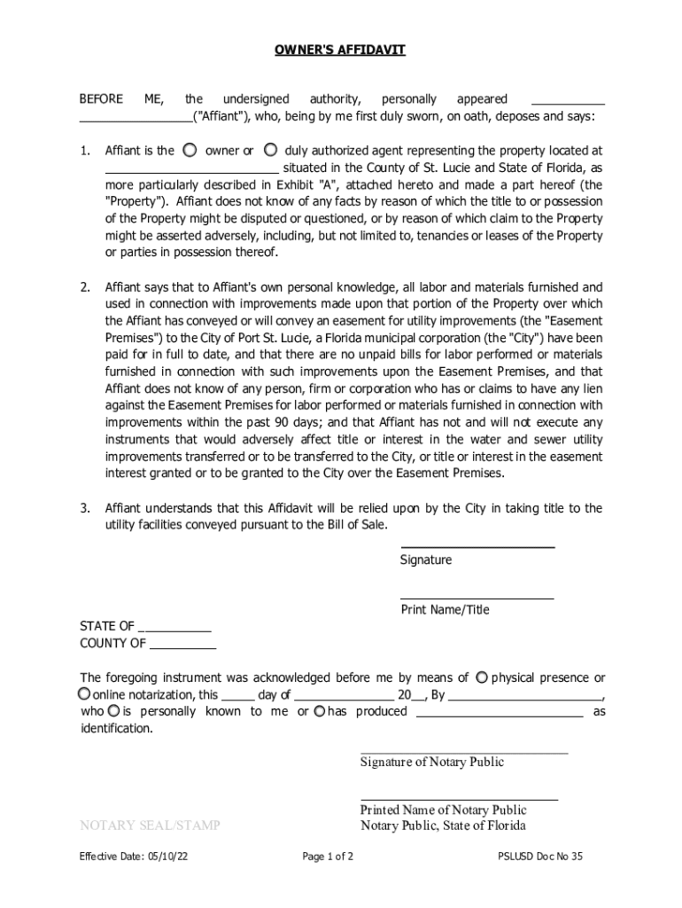 Fillable Online OWNER'S AFFIDAVIT - - Utility Systems Department Fax ...