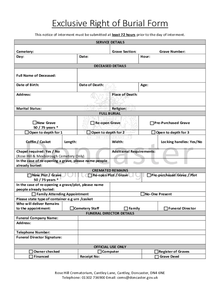 Fillable Online Exclusive Right of Burial Form Fax Email Print - pdfFiller