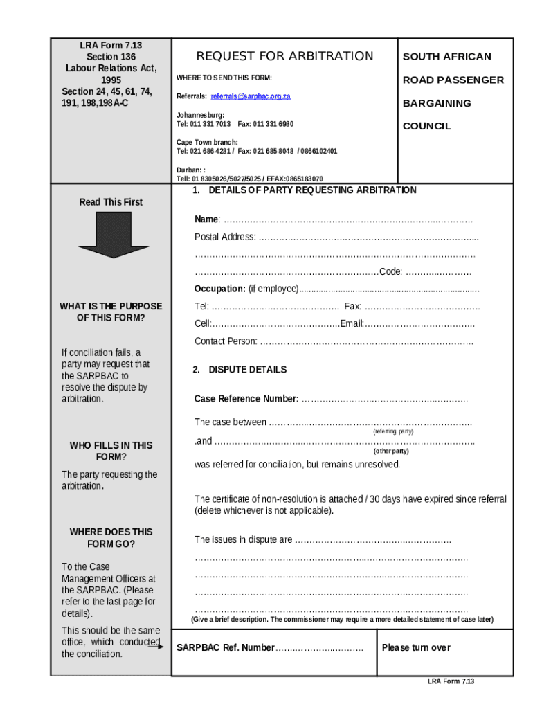 Online LRA 7 13 - Request for Arbitration ... Doc Template | pdfFiller