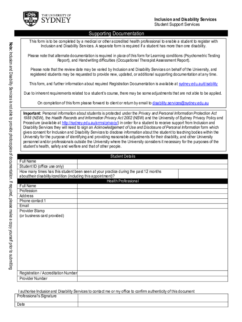 Fillable Online Support documentation form - Disability Services Fax ...