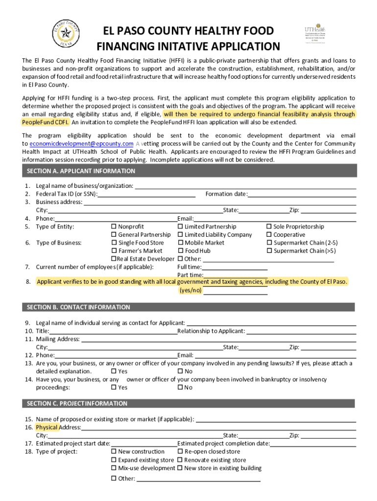 Fillable Online epcounty.comeconomicdocumentsEL PASO COUNTY HEALTHY FOOD FINANCING INITATIVE ...