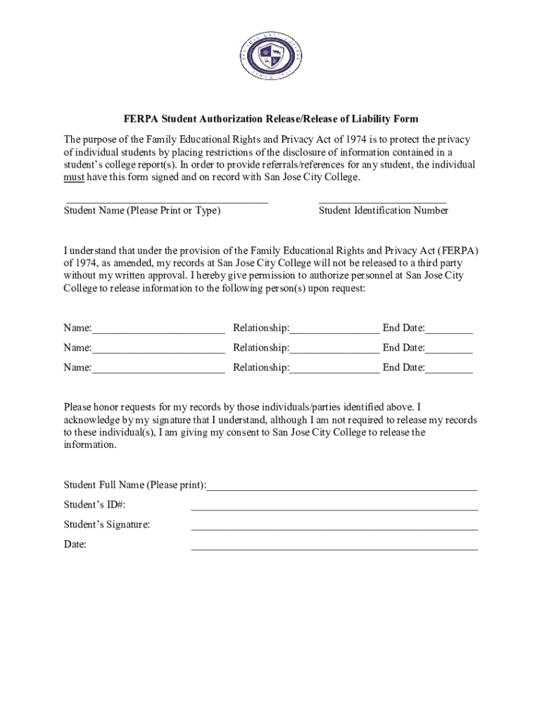Fillable Online www.sjcc.eduStudentAffairsDocumentsFERPA Student Authorization Release/Release ...