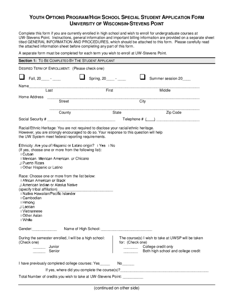 Fillable Online HIGH SCHOOL SPECIAL STUDENT APPLICATION FORM Fax Email ...