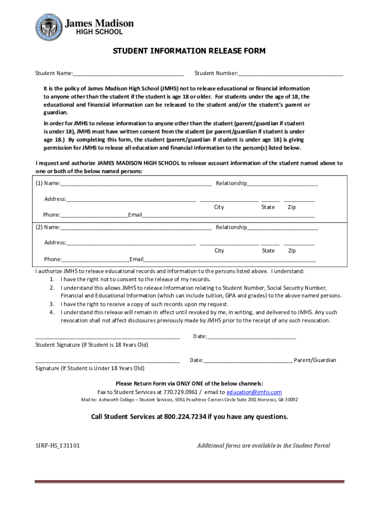 Fillable Online students.jmhs.comcontentdocumentsSTUDENT INFORMATION RELEASE FORM - students ...