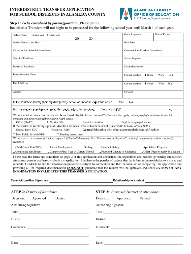 Fillable Online archive.acoe.orgBoardInterdistrictTransferApplicationINTERDISTRICT TRANSFER ...