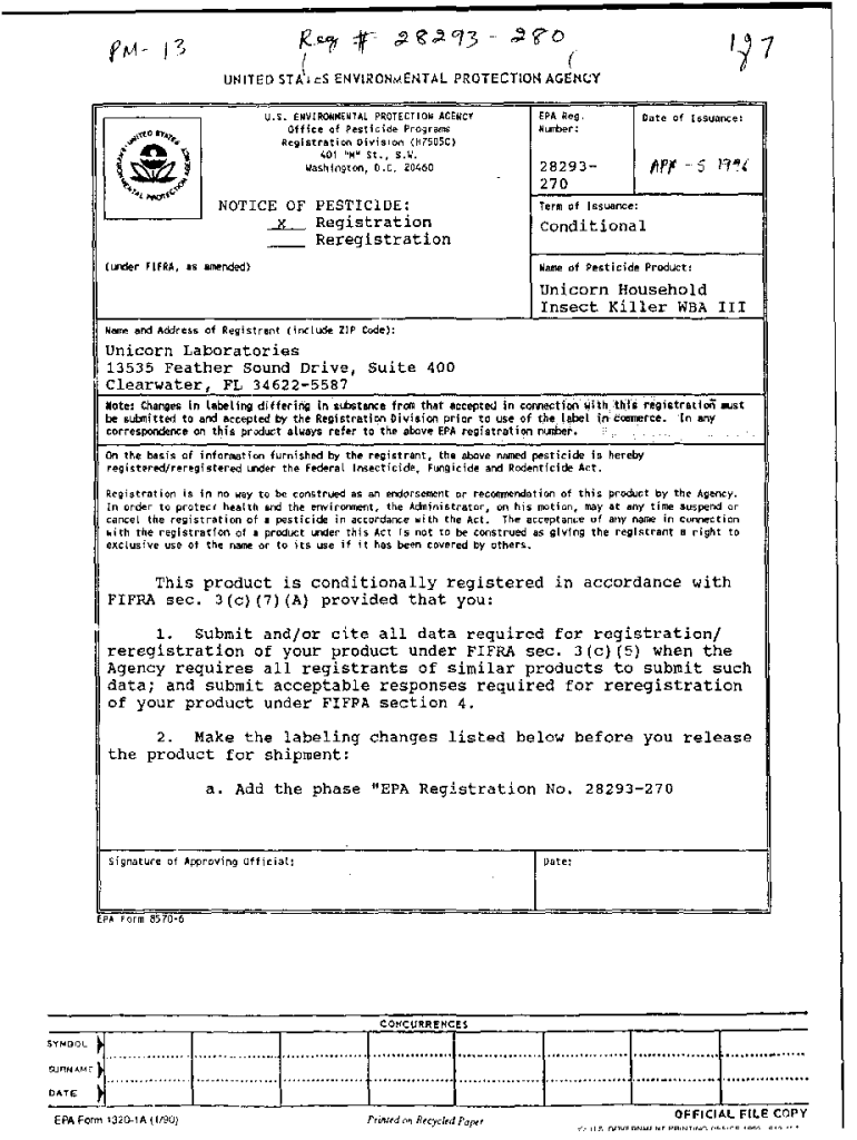 Fillable Online ENVIRONMENTAL PROTECTION AGEN(Y EPA Reg. Number; Avenue ...