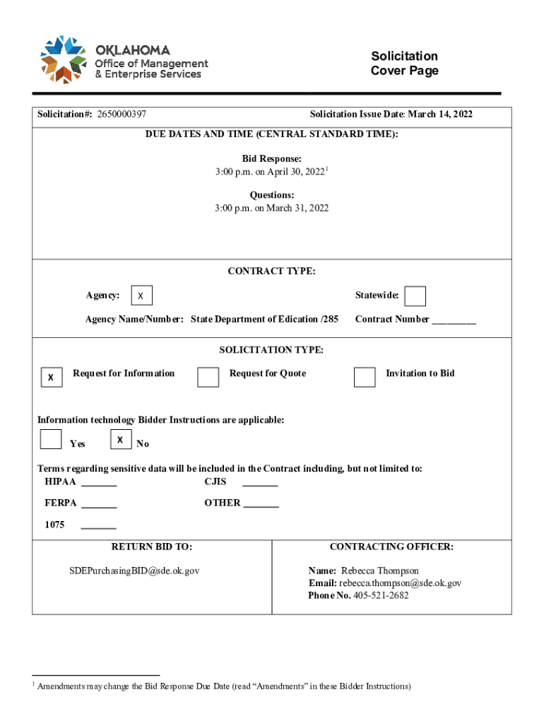Fillable Online sde ok Solicitation Cover Page - oklahoma.gov Fax Email Print - pdfFiller