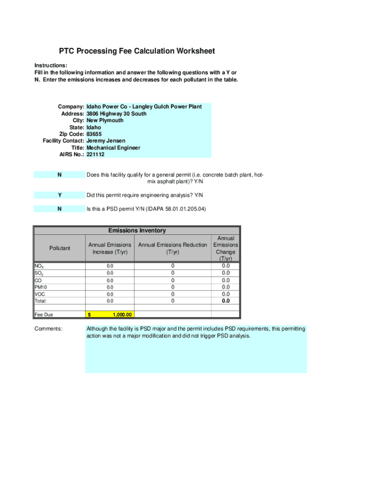 Fillable Online www2 deq idaho PTC Processing Fee Calculation Worksheet Fax Email Print - pdfFiller