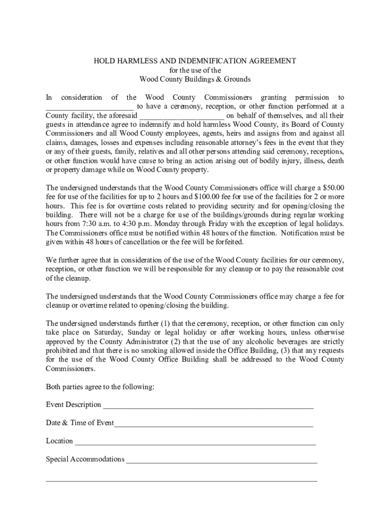 Fillable Online HOLD HARMLESS/INDEMNIFICATION AGREEMENT Sample Clauses ...