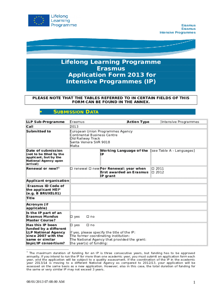 Lifelong Learning Programme Erasmus Application 2013 ... - eupa org Doc ...