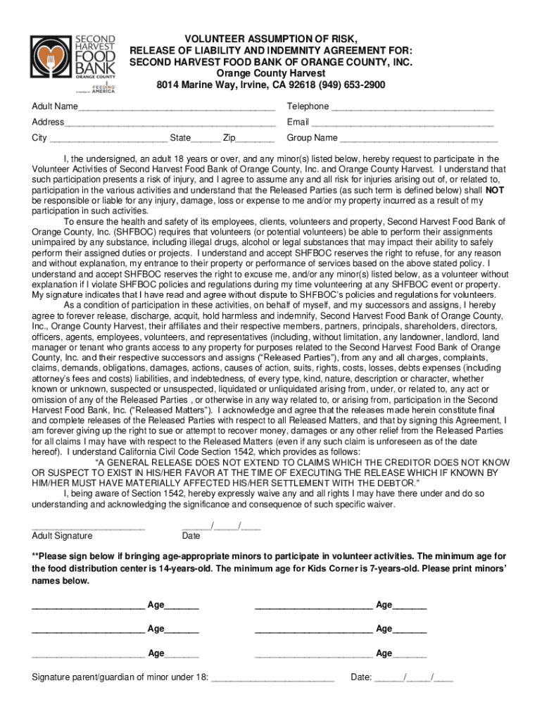 Fillable Online www.lawinsider.comvolunteer-assumption-of-riskVOLUNTEER ...