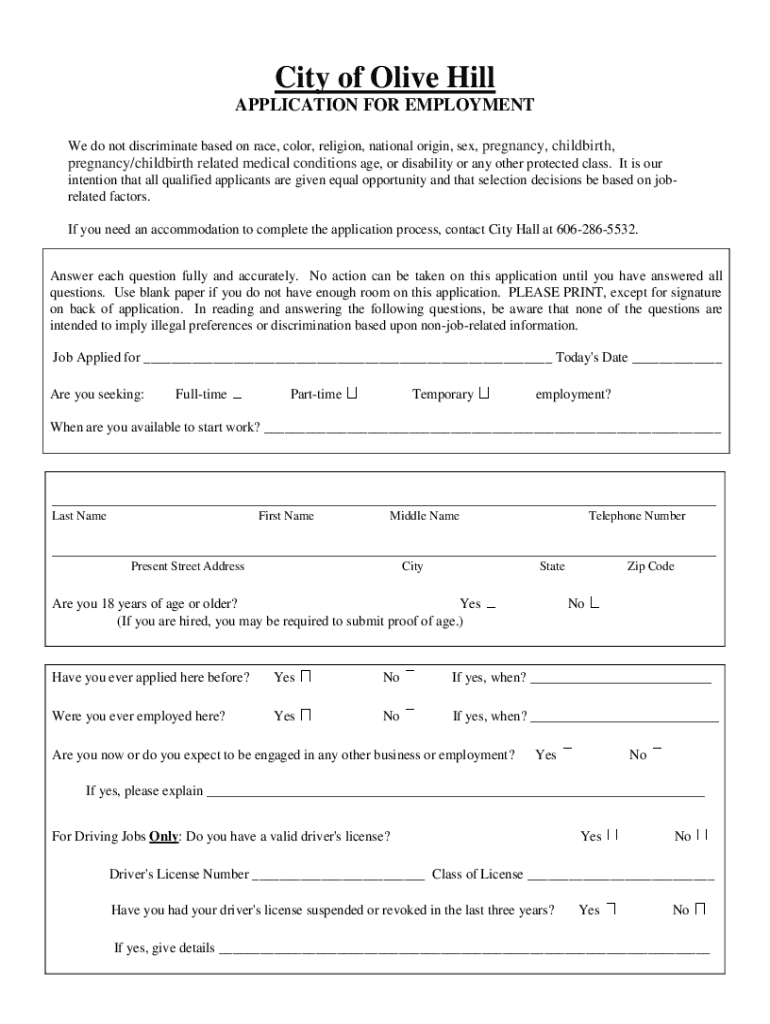 Fillable Online olivehill ky Olive Branch Human Resources - City of ...