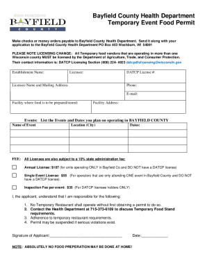 Fillable Online Bayfield County Health Department Temporary Event Food ...