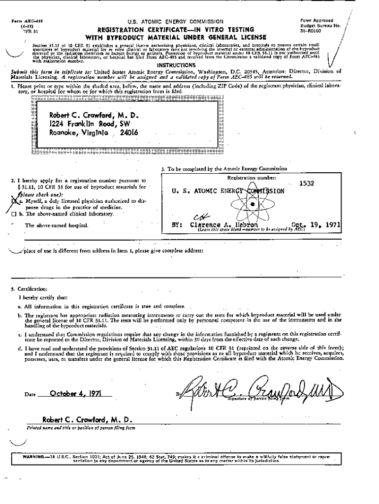 Fillable Online US. ATOMIC ENERGY COMMISSION Form REGISTRATION ...