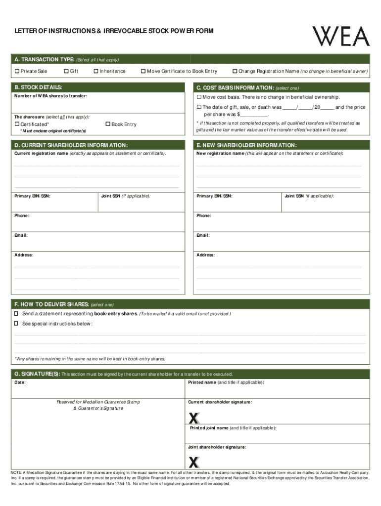Fillable Online WEA Letter of Instructions & Stock Power Form Fax Email ...