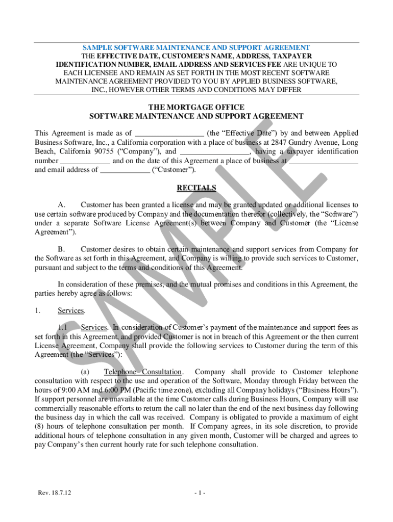 Fillable Online SAMPLE SOFTWARE MAINTENANCE AND SUPPORT AGREEMENT THE ...