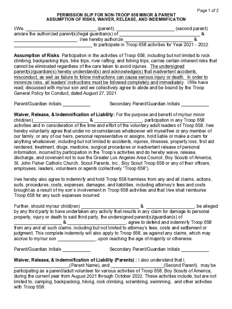 Fillable Online Release for Non-Troop 658 Children and Parent 2018-19 ...