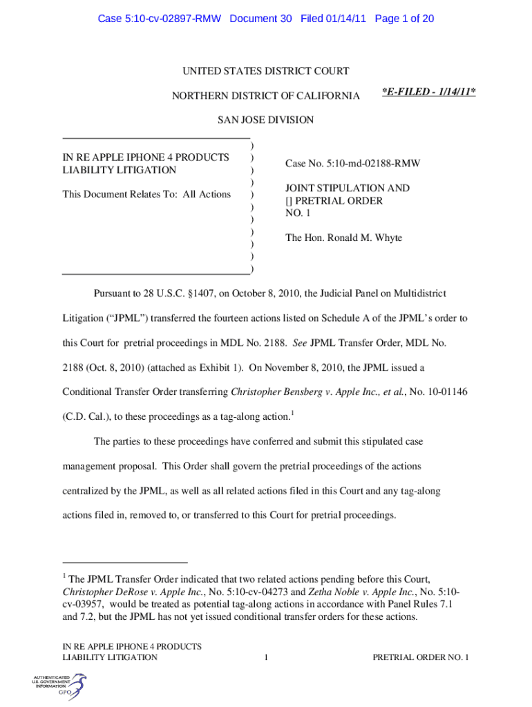 Fillable Online 13950577Proposed Pretrial Order No1-FINAL-SIGNED Fax Email Print - pdfFiller