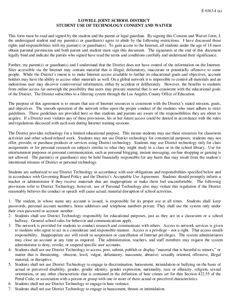Fillable Online Student Use of Technology Consent and Waiver E 6163 ...