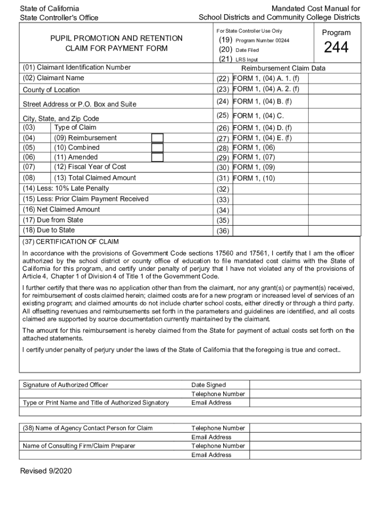 Fillable Online sco ca Program 244 Claiming Instructions and Forms Fax ...