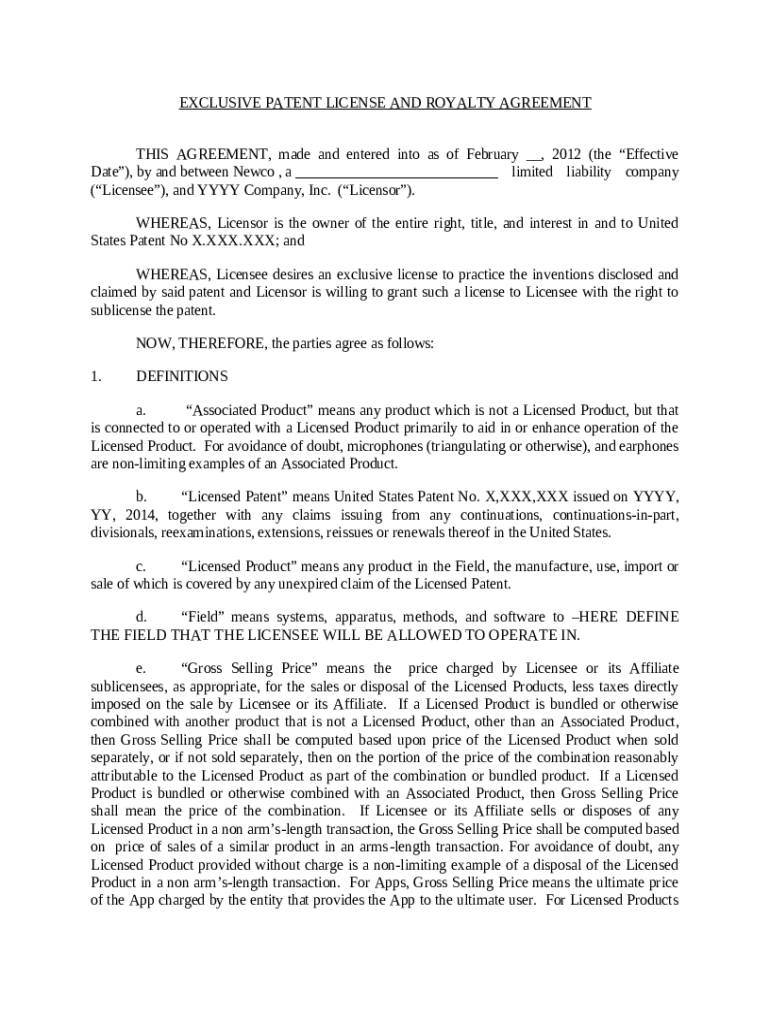 Exclusive Patent License and Royalty Agreement Sample ... Doc Template ...